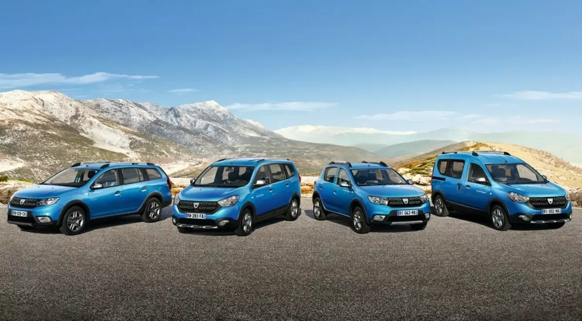 Na foto, de esquerda a dereita: Dacia Logan MCV Stepway, Stepway Dokker, Sandero Stepwy e Lodgy Stepway