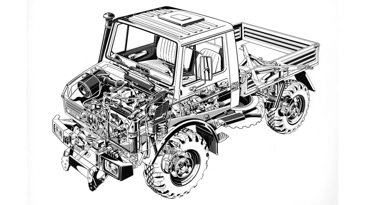 Hauv daim duab: mercedes-benz unimog u 1000