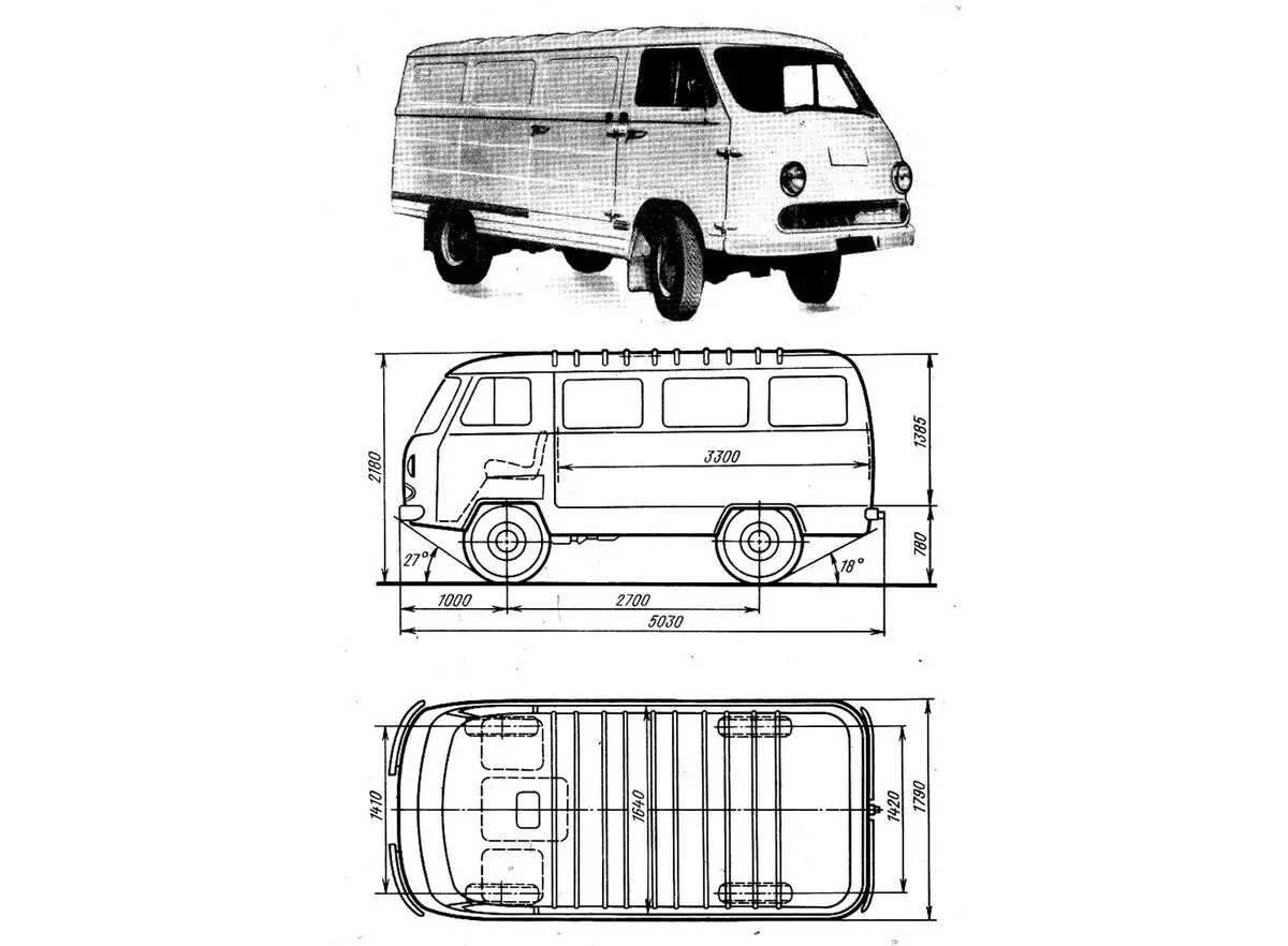 Về kích thước, van lặp lại minibus RAF-977